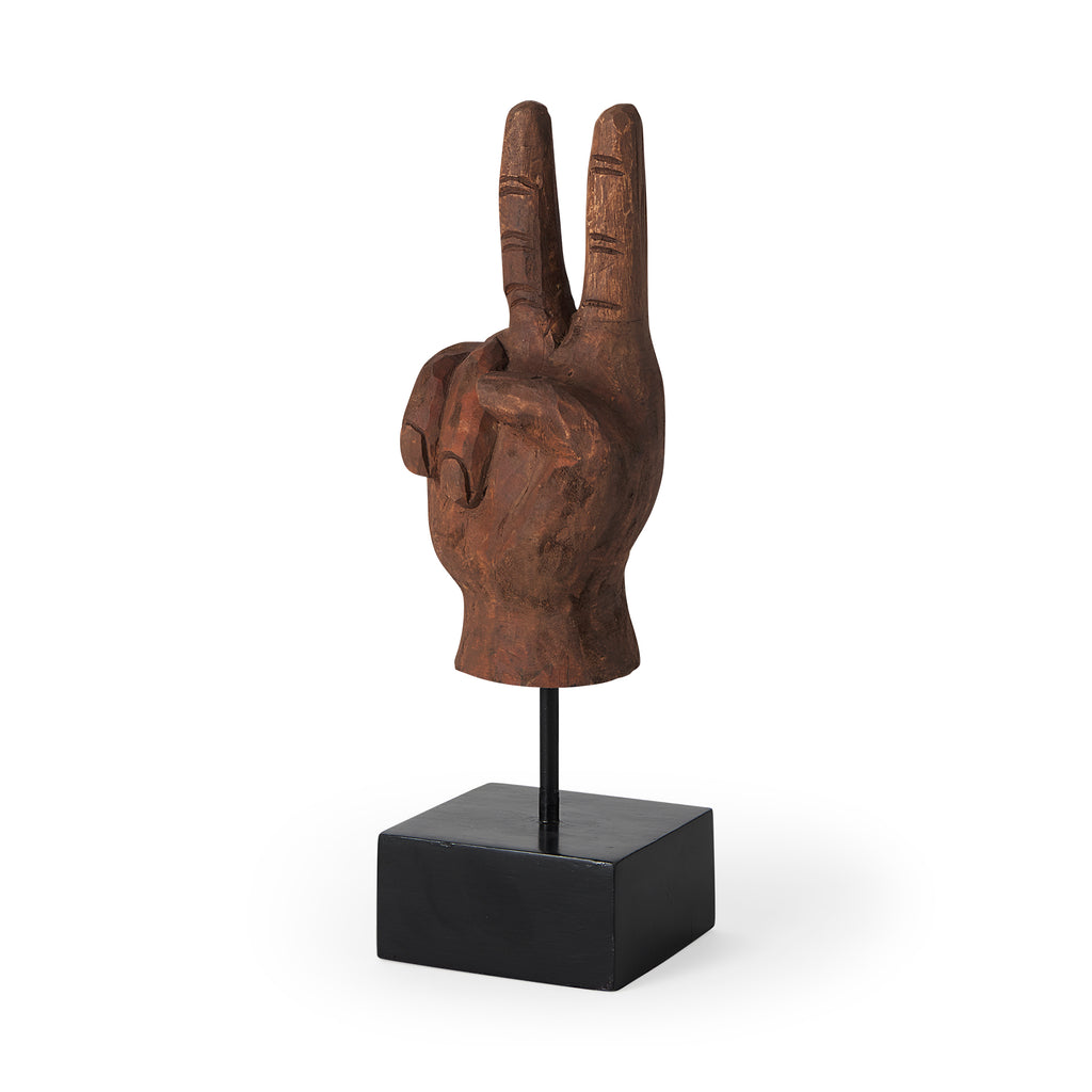 Pacem Natural Wooden Carved Peace Sign Hand Sculpture