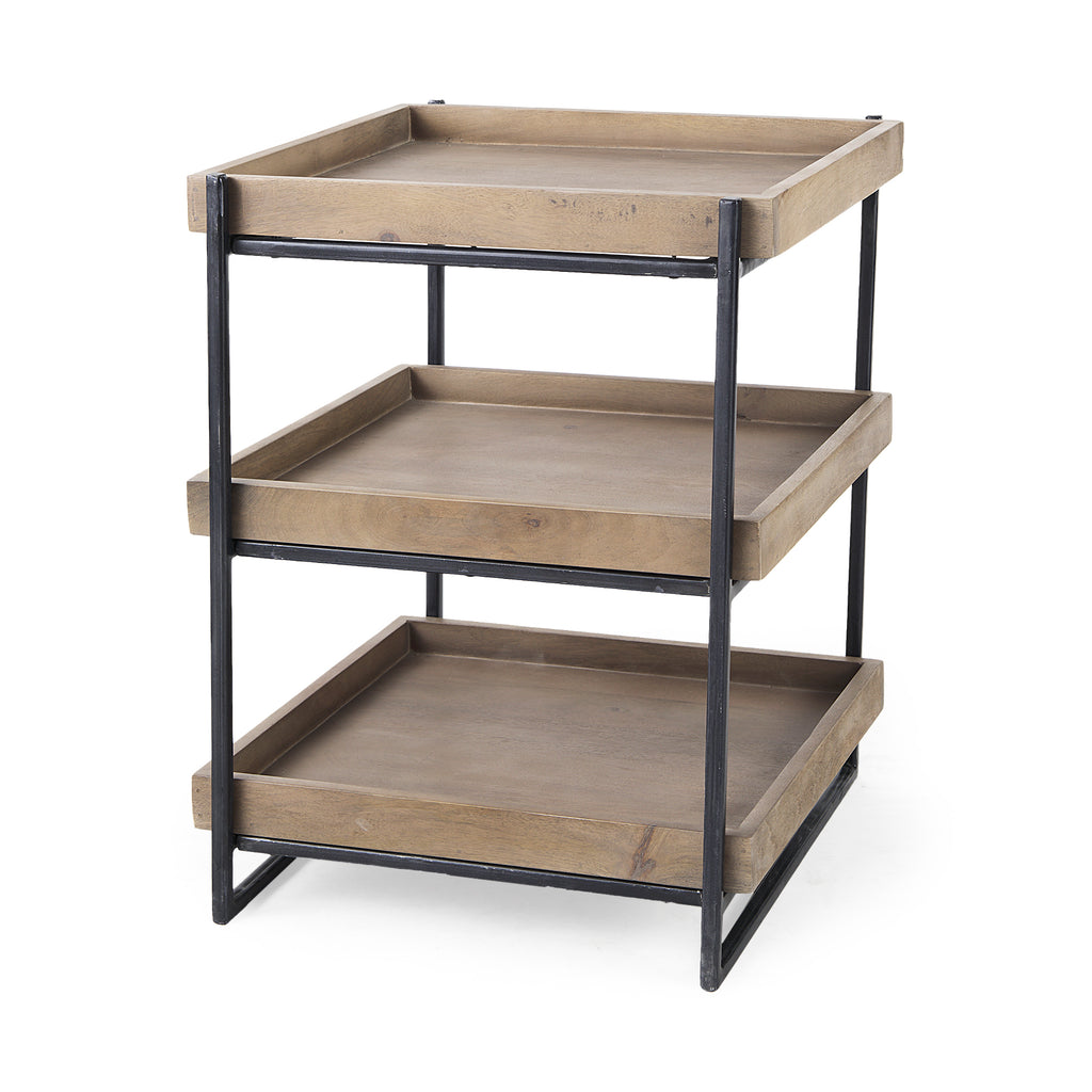 Trey Square Medium Brown Wooden 3-Tiered Black Iron Frame End/Side Tab