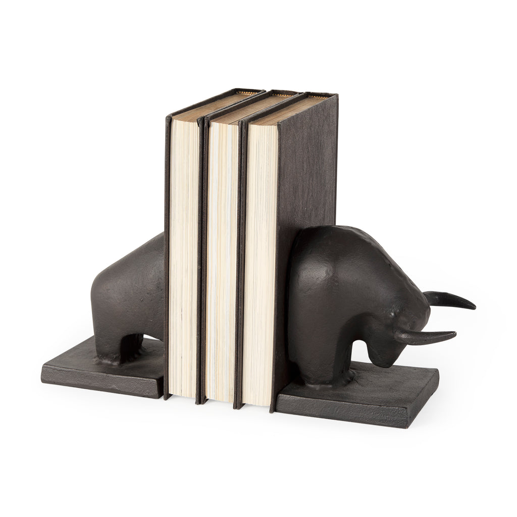 Tauro III Black Cast Aluminum Raging Bull Bookends - Set of 2
